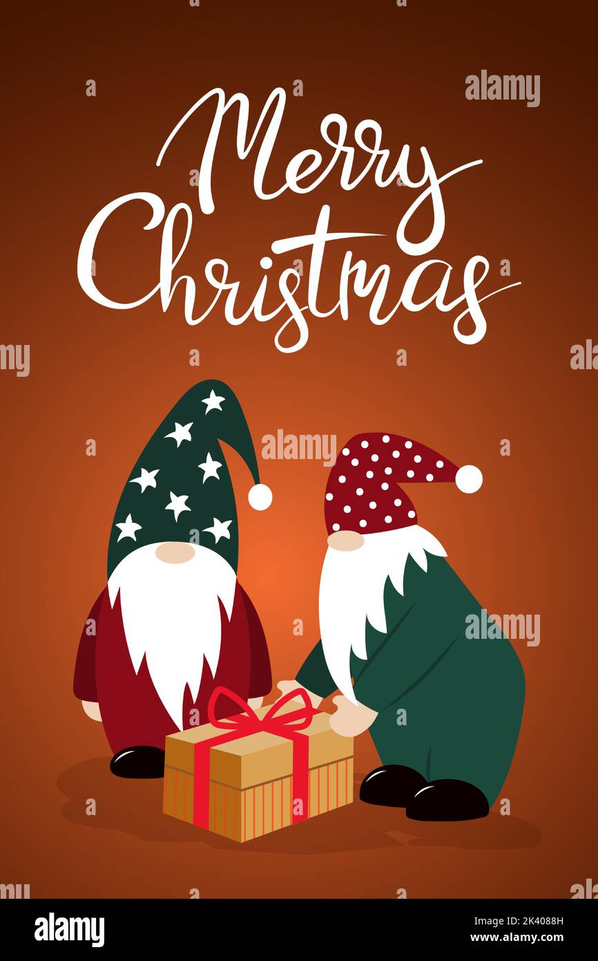 Christmas card. Two cute dwarfs with a gift on a dark background ...