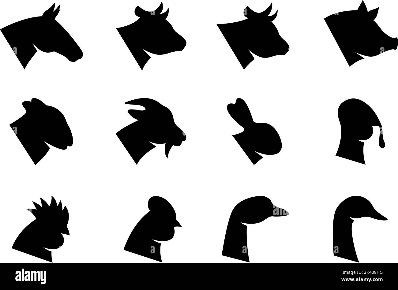 Farm animal head set. Pig, Horse, Turkey, Goat, Sheep, Chicken, Rooster ...