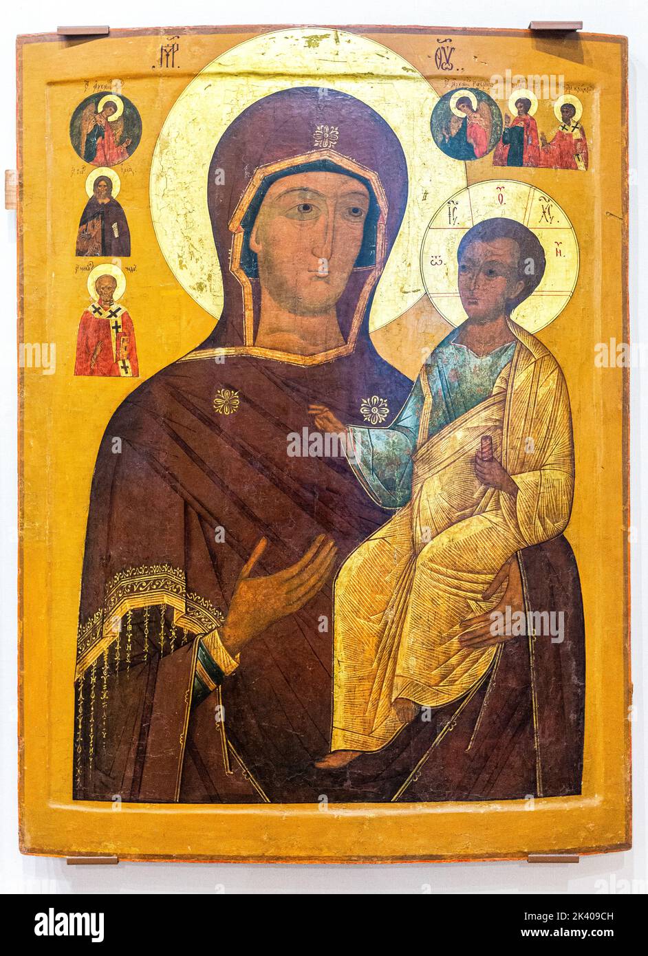 Antique Russian Orthodox Icon Painted On Wooden Board The Mother Of