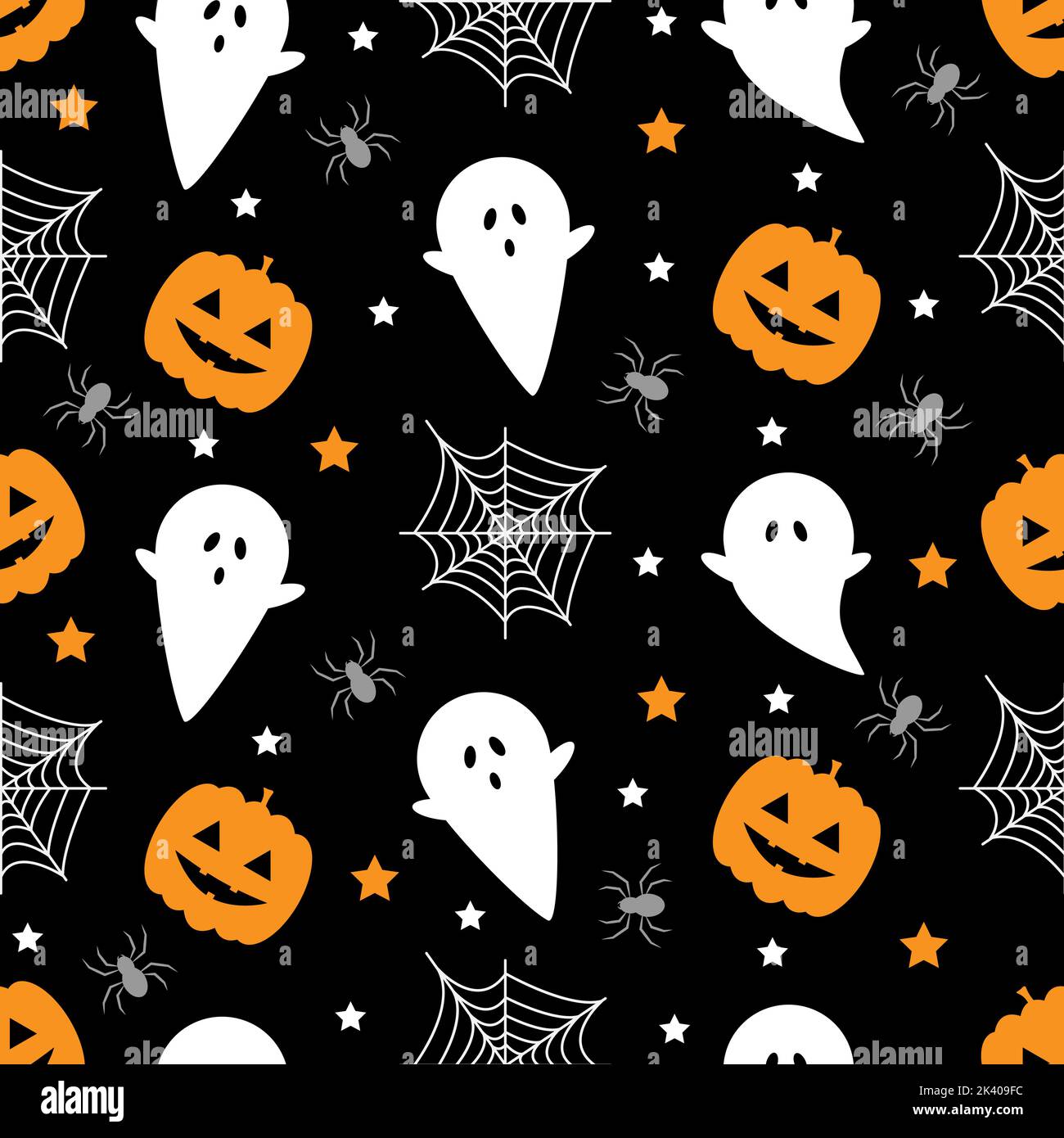 A seamless Halloween background with ghost, pumpkin, and spider web ...
