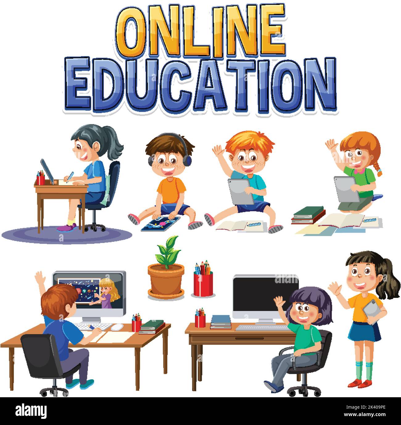 Online education with cartoon character illustration Stock Vector Image ...