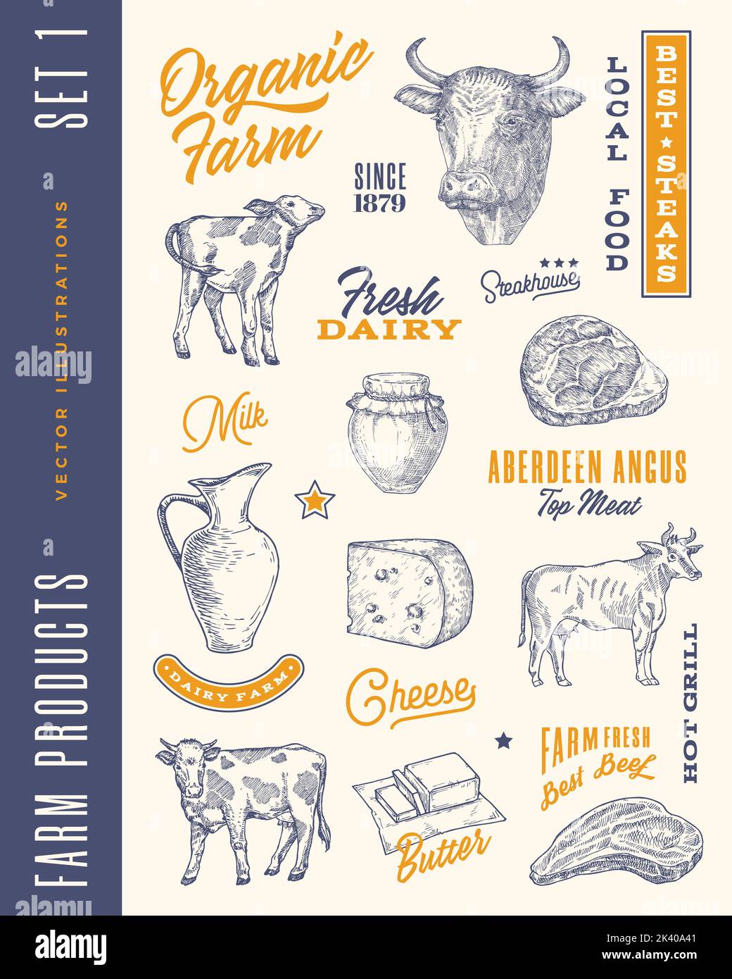 Organic farm hand drawn logos, symbols and illustrations with ...