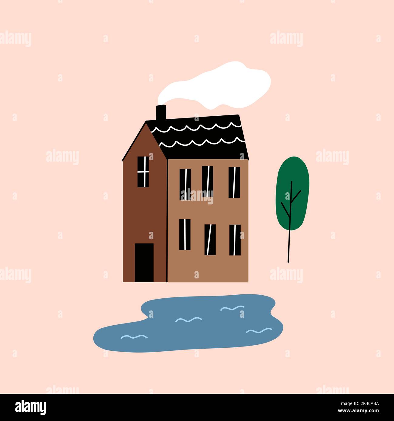 Doodle building. Cute small house and garden. Vector flat apartments ...