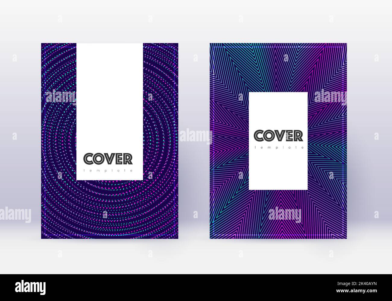 Hipster cover design template set. Neon abstract lines on dark blue ...