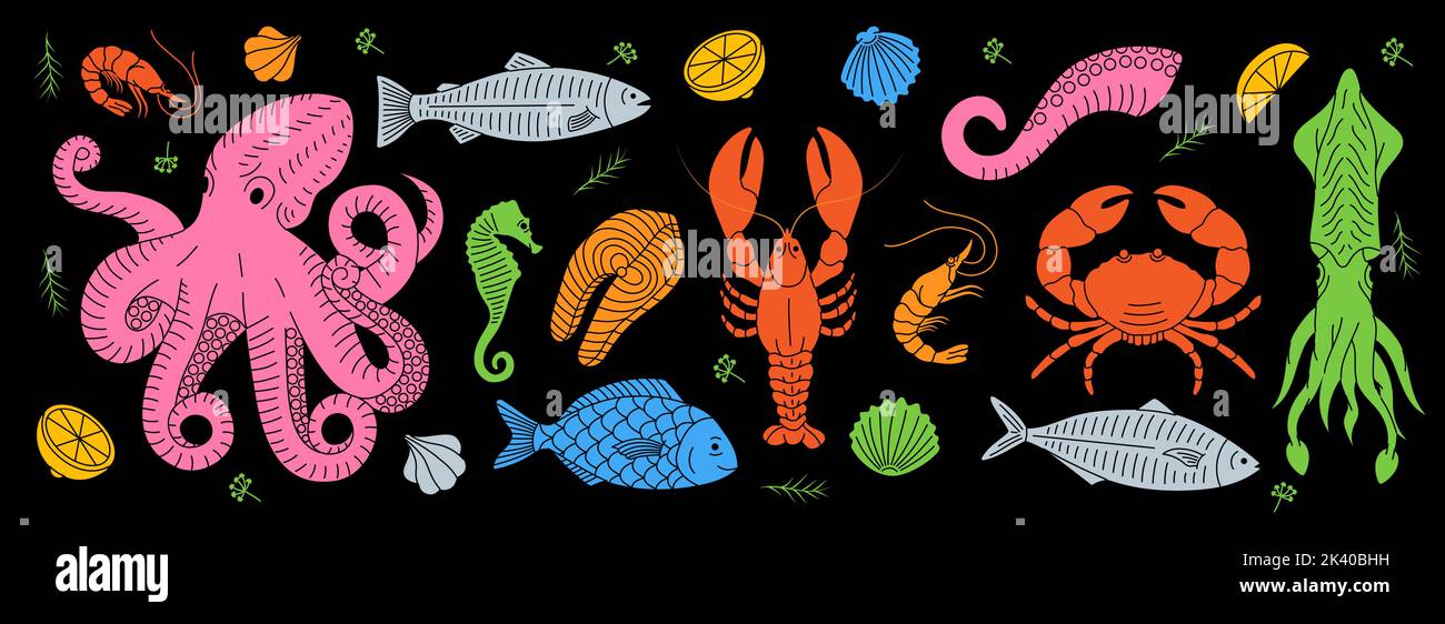 Seafood hand drawn set. Sea animal line banner. Seafood meal menu ...
