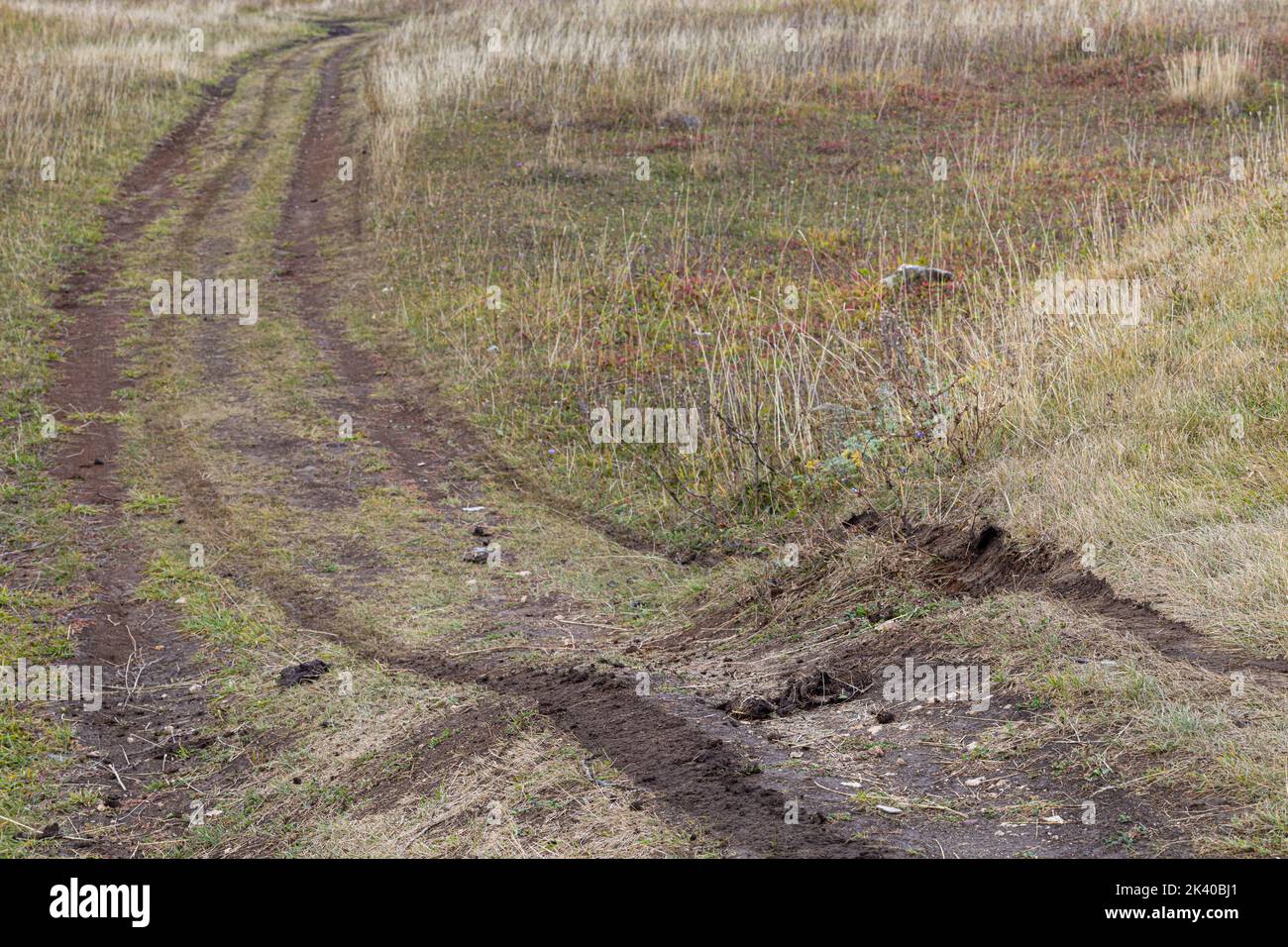 road rut in a field with traces of slipping. wheel slip. off-road exit ...