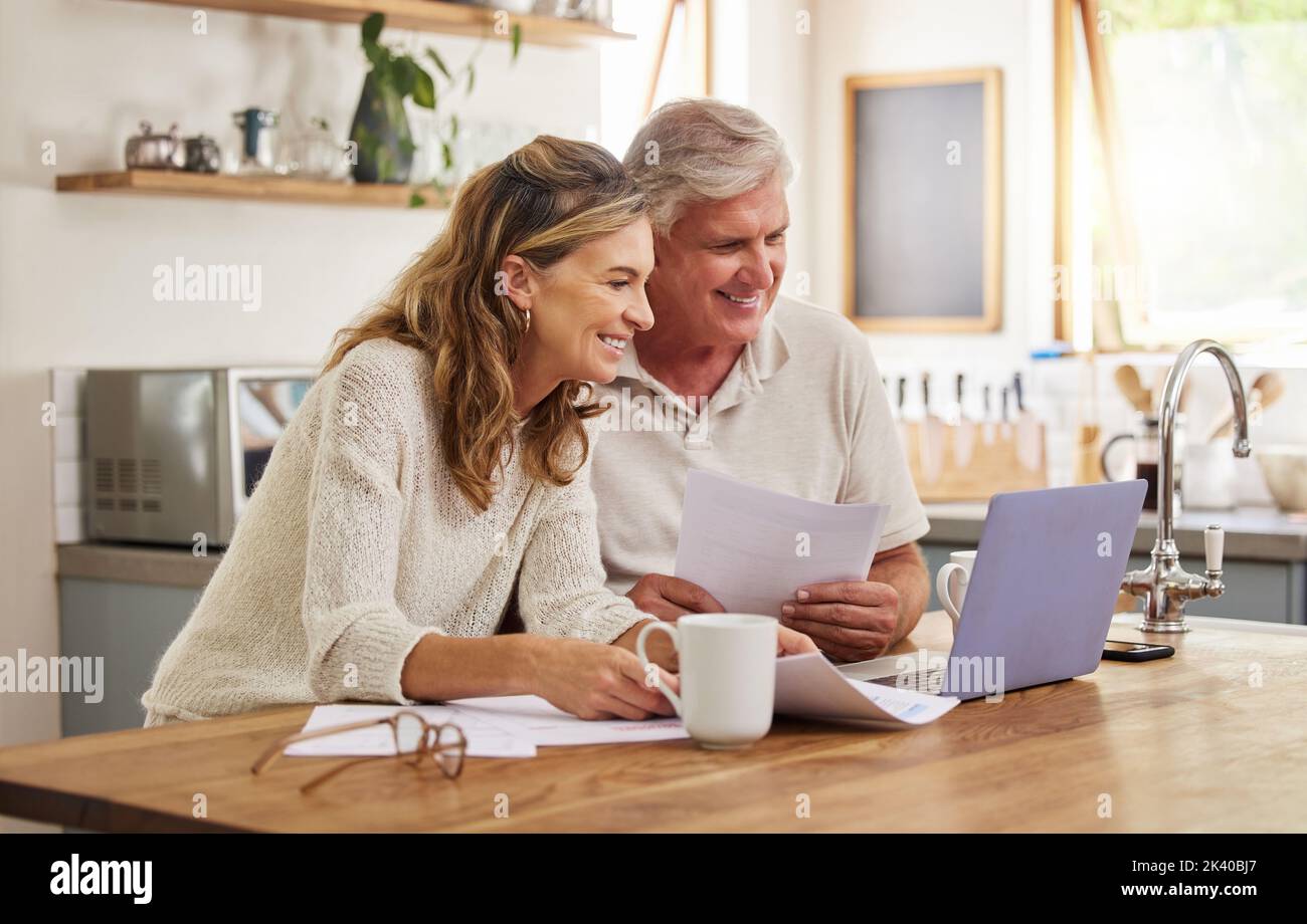 Retirement, investment and couple on laptop and paperwork for online ...