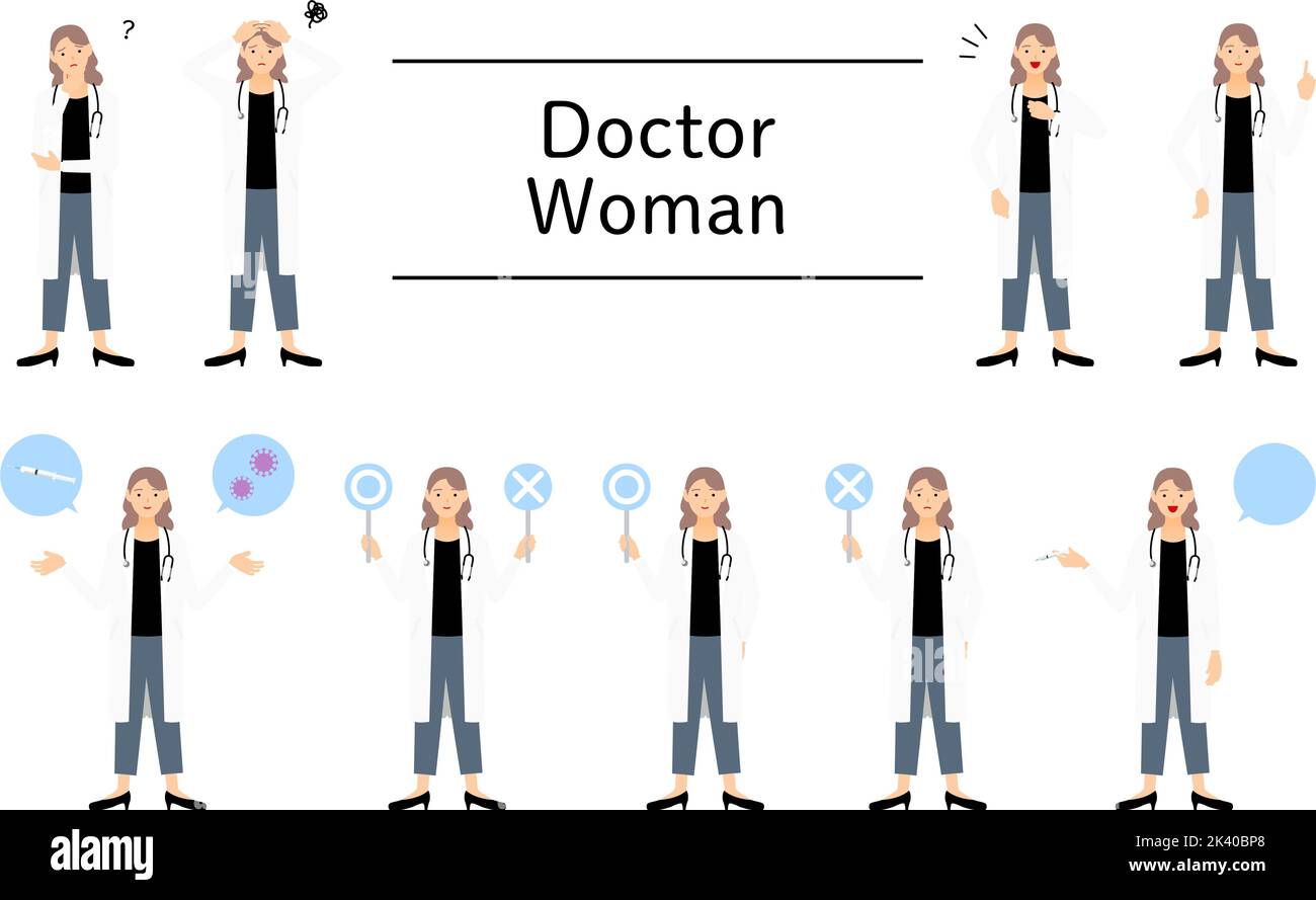 Pose set of female doctor in white coat, questioning, puzzling ...