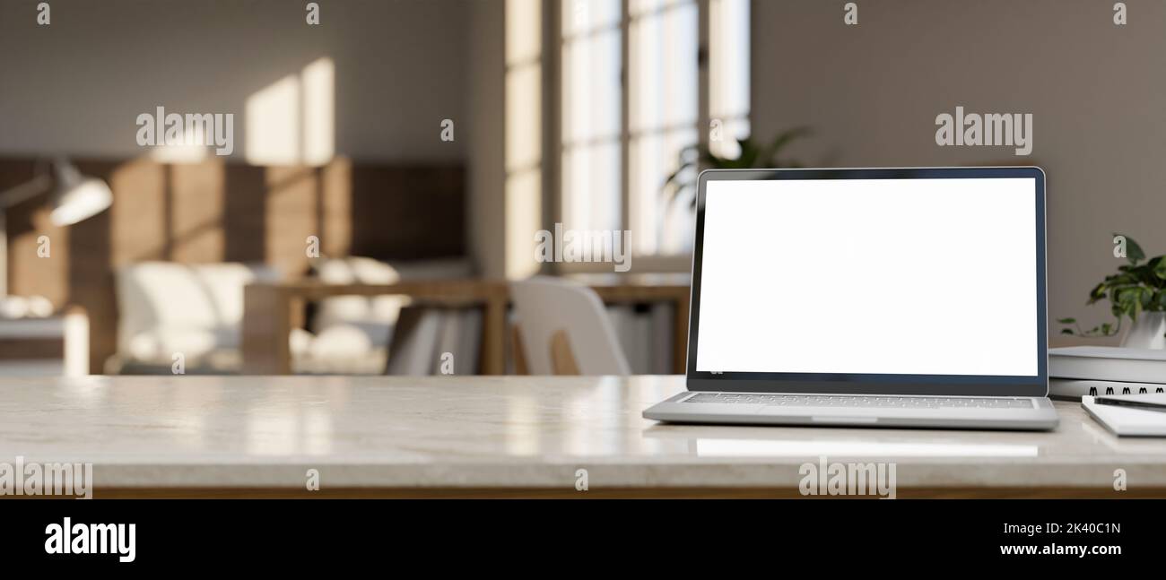 Modern Urban Workspace Tabletop With Notebook Laptop White Screen