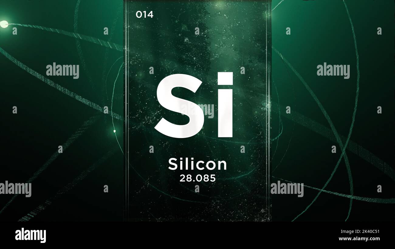 Silicon (Si) symbol chemical element of the periodic table, 3D animation on atom design ...
