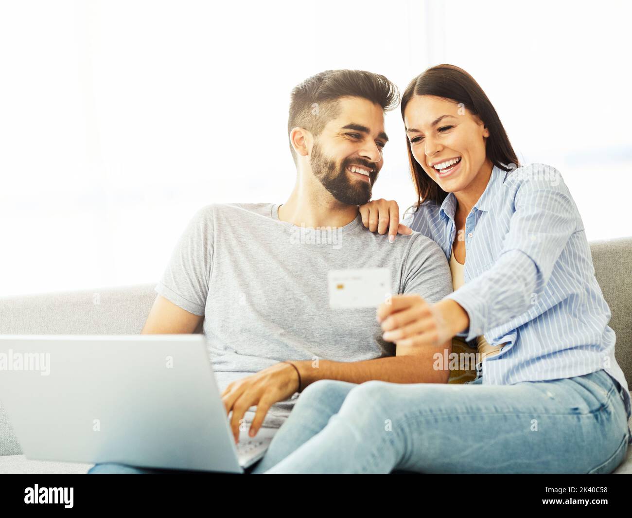 young couple happy tablet together man woman shopping credit card ...