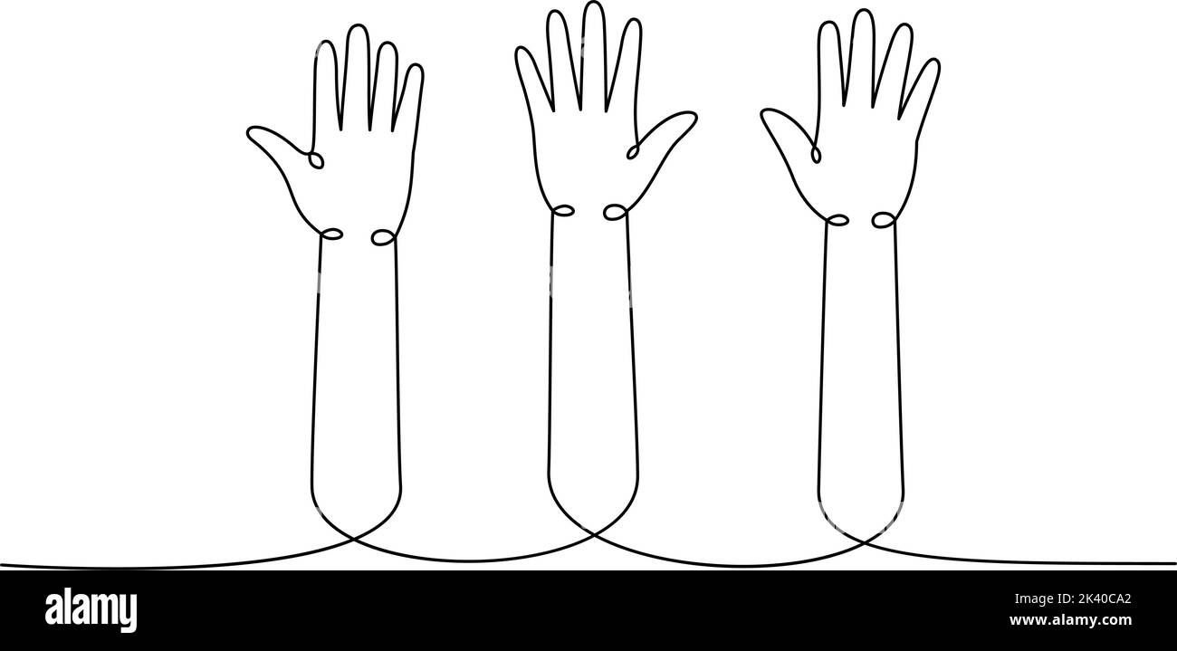 Hands raised up one line continuous drawing. Applaud hands continuous ...
