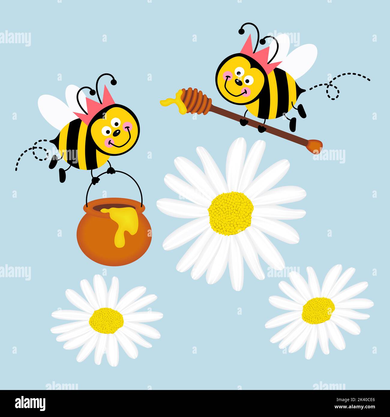 Spring illustration of bees with honey and flowers Stock Photo - Alamy
