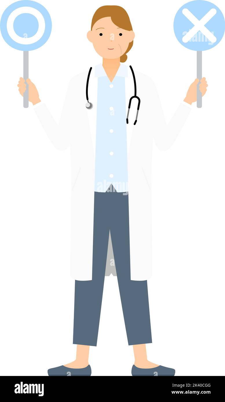 Senior female doctor in white coat holding a crossed out stick in a ...