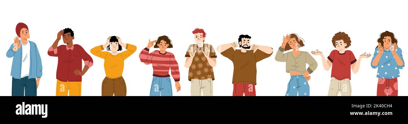 Set of unhappy people showing negative emotions. Male and female flat ...