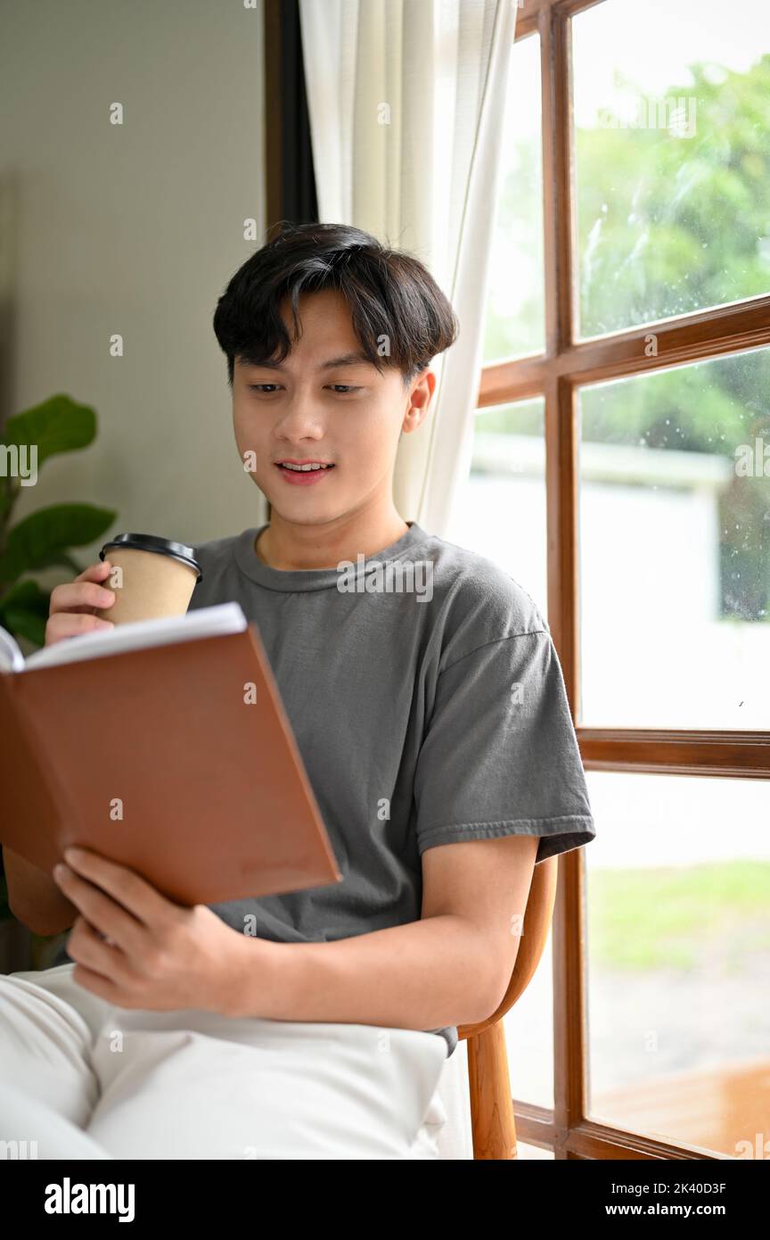 Portrait, Handsome young Asian man relaxing in his home living room ...