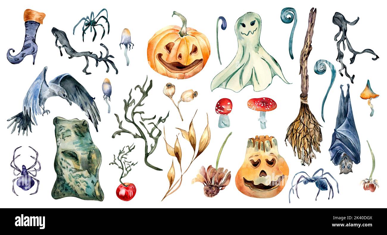 Set of Halloween symbols watercolor illustration isolated on white ...