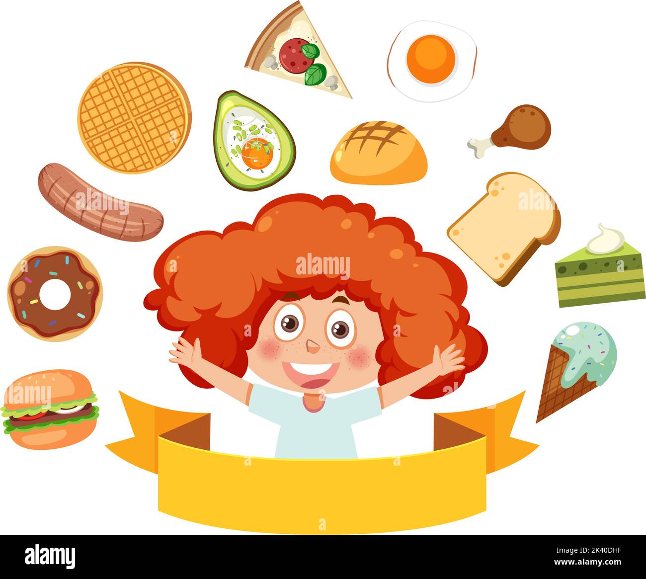 Many foods around girl cartoon character illustration Stock Vector ...