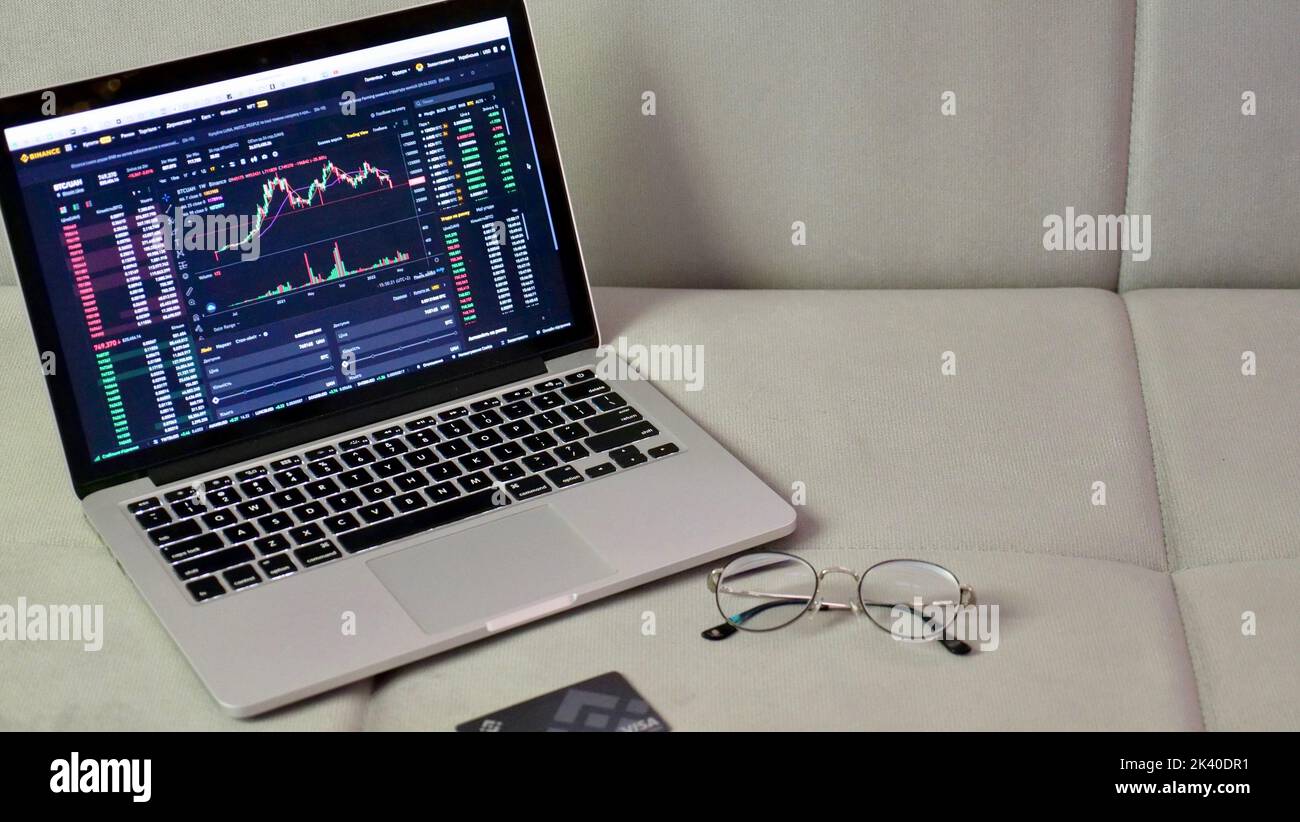 Laptop and phone to buy bitcoin on the Binance crypto exchange during ...