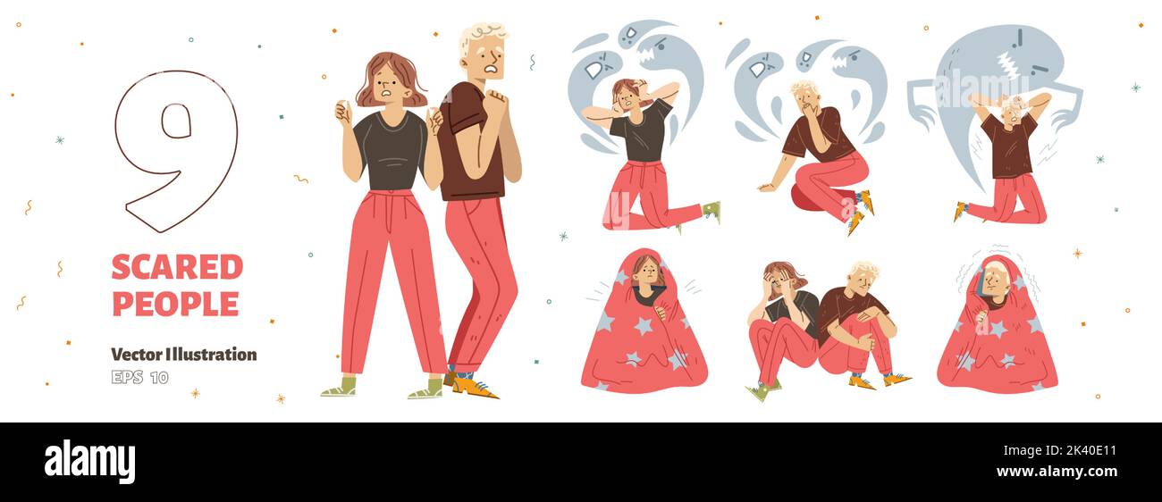 Set of frightened man and woman in panic. Terrified, scared characters ...