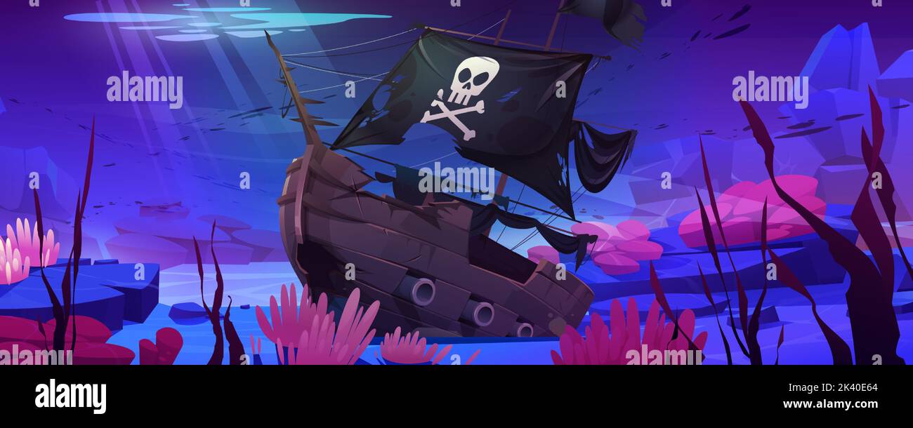 Wreck pirate ship, sunken filibuster vessel, wooden boat with jolly ...