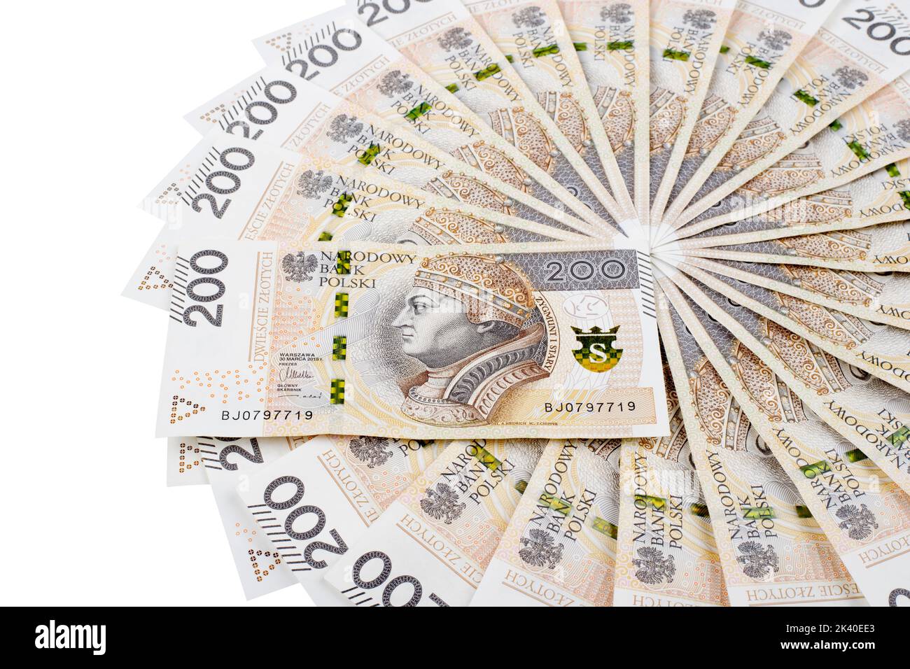 Bundle of polish 200 zloty banknotes in a circle. Isolated on white ...