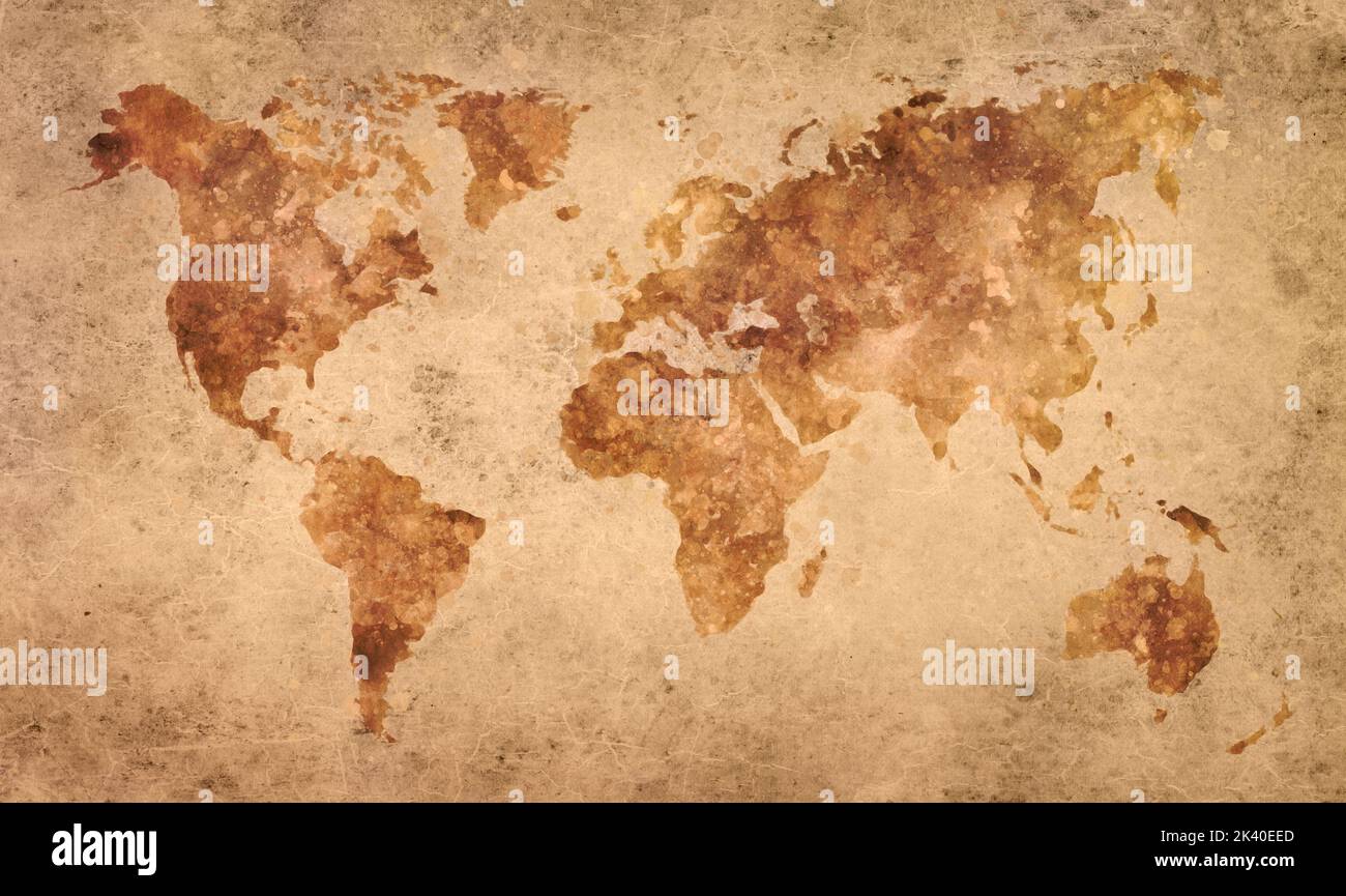Vintage World map in brown watercolor painting abstract splatters on an ...