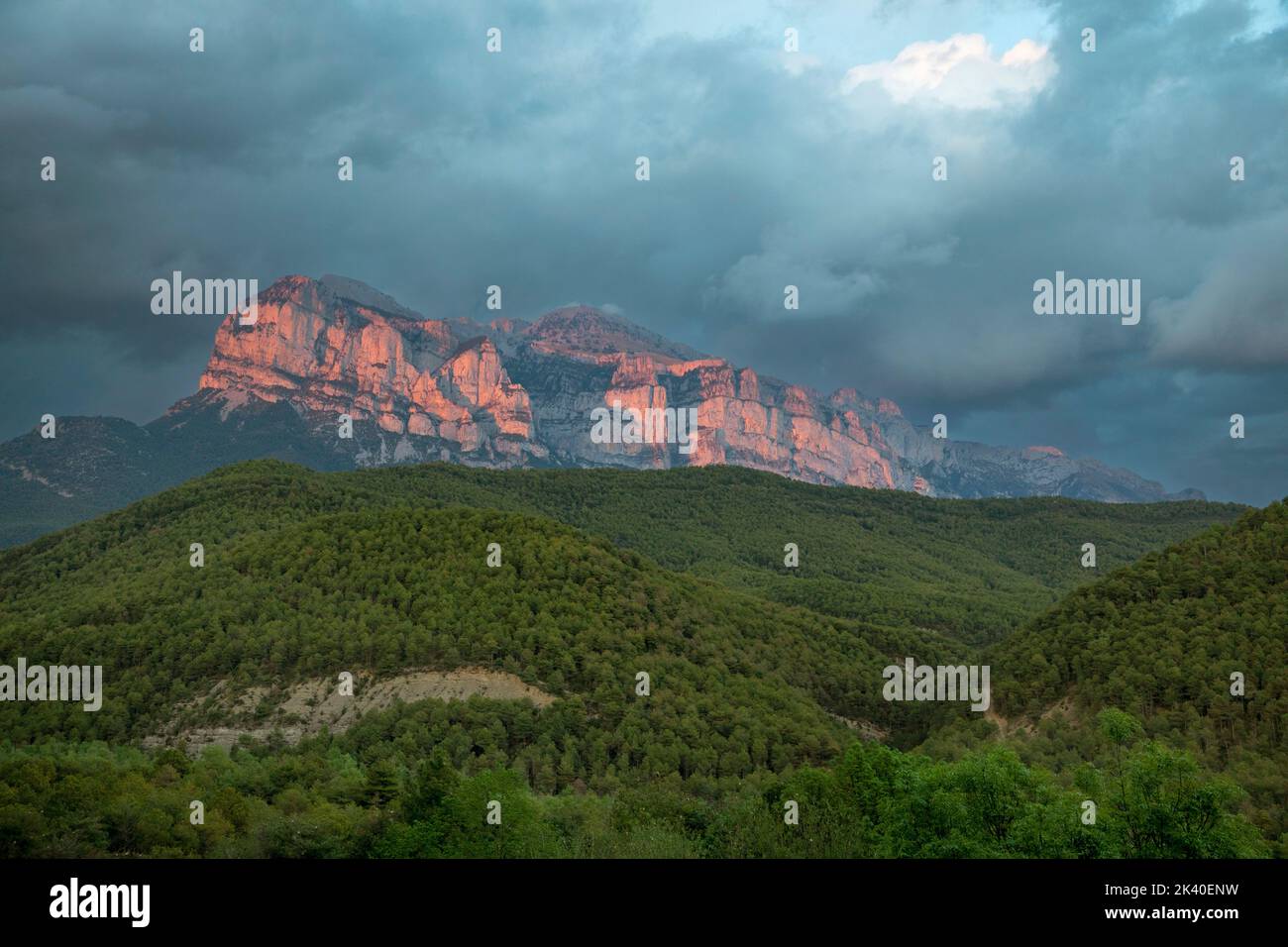 rock face in the Pyrenees after a heavy rain in the last evening light ...