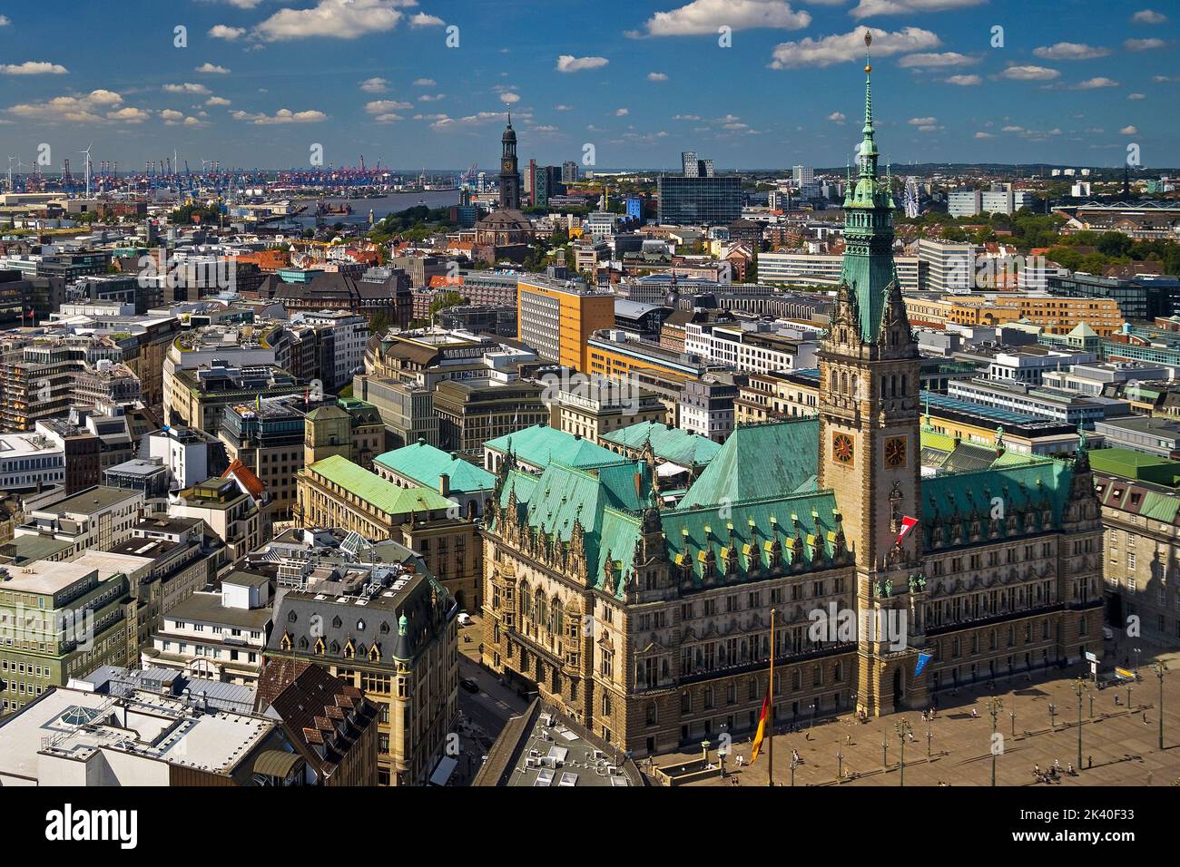 city view from above with the Hamburg City Hall and the Michel, Germany ...