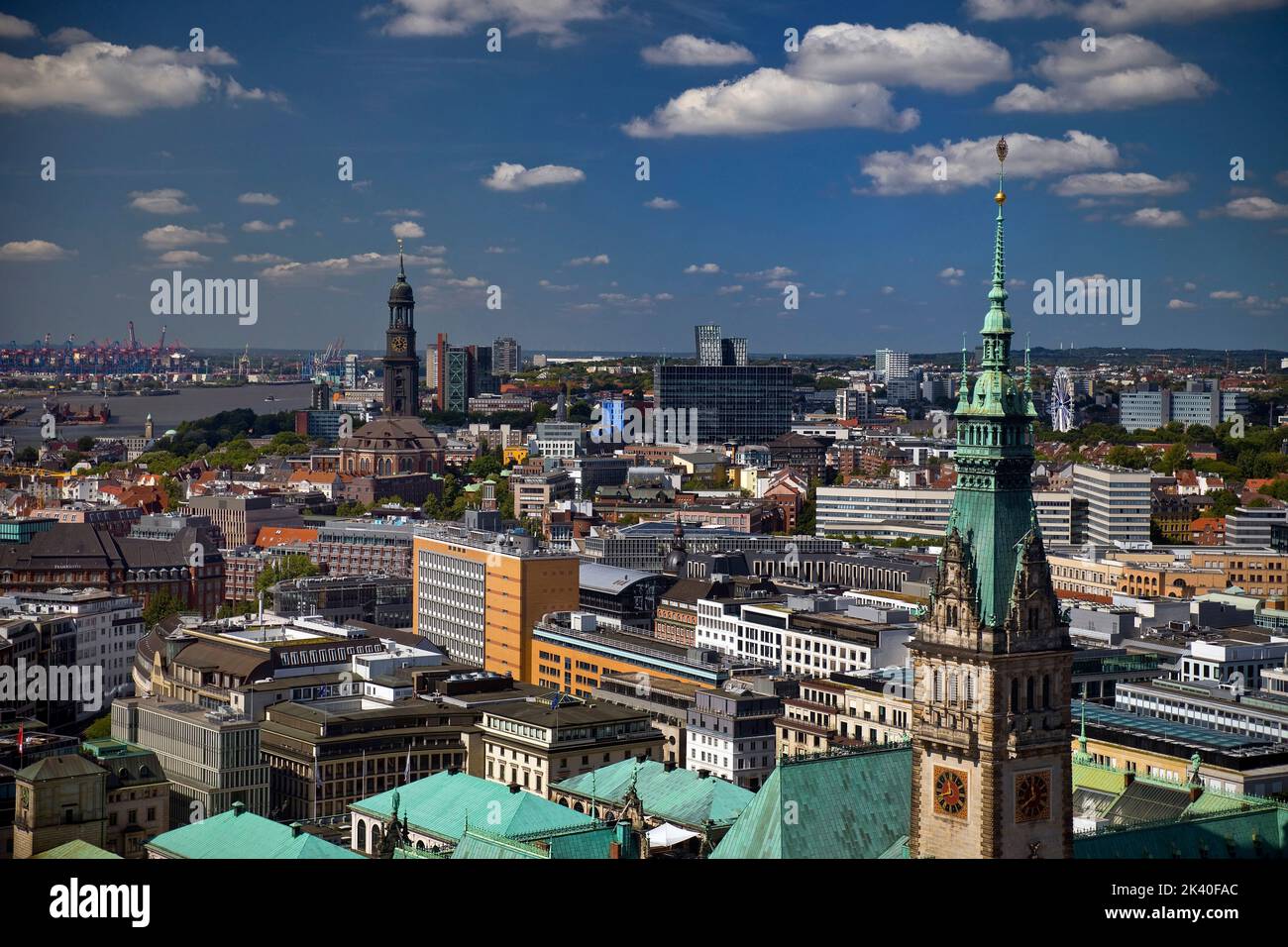 city view from above with the Hamburg City Hall and the Michel, Germany ...