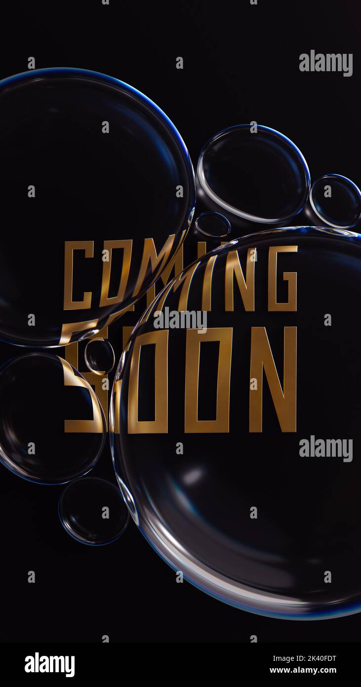 Glass drops over Golden Coming Soon text on dark backdrop. Social media ...