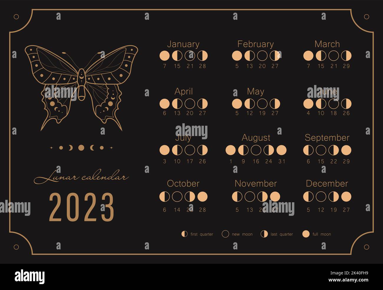 Moon calendar 2023 year. Lunar phases shedule template. Boho ...