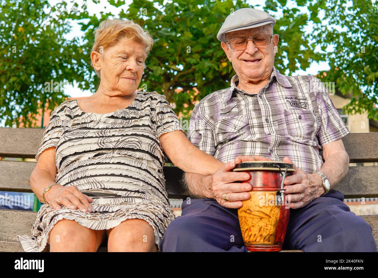 Elderly couple playing the bongo. international seniors day Stock Photo ...