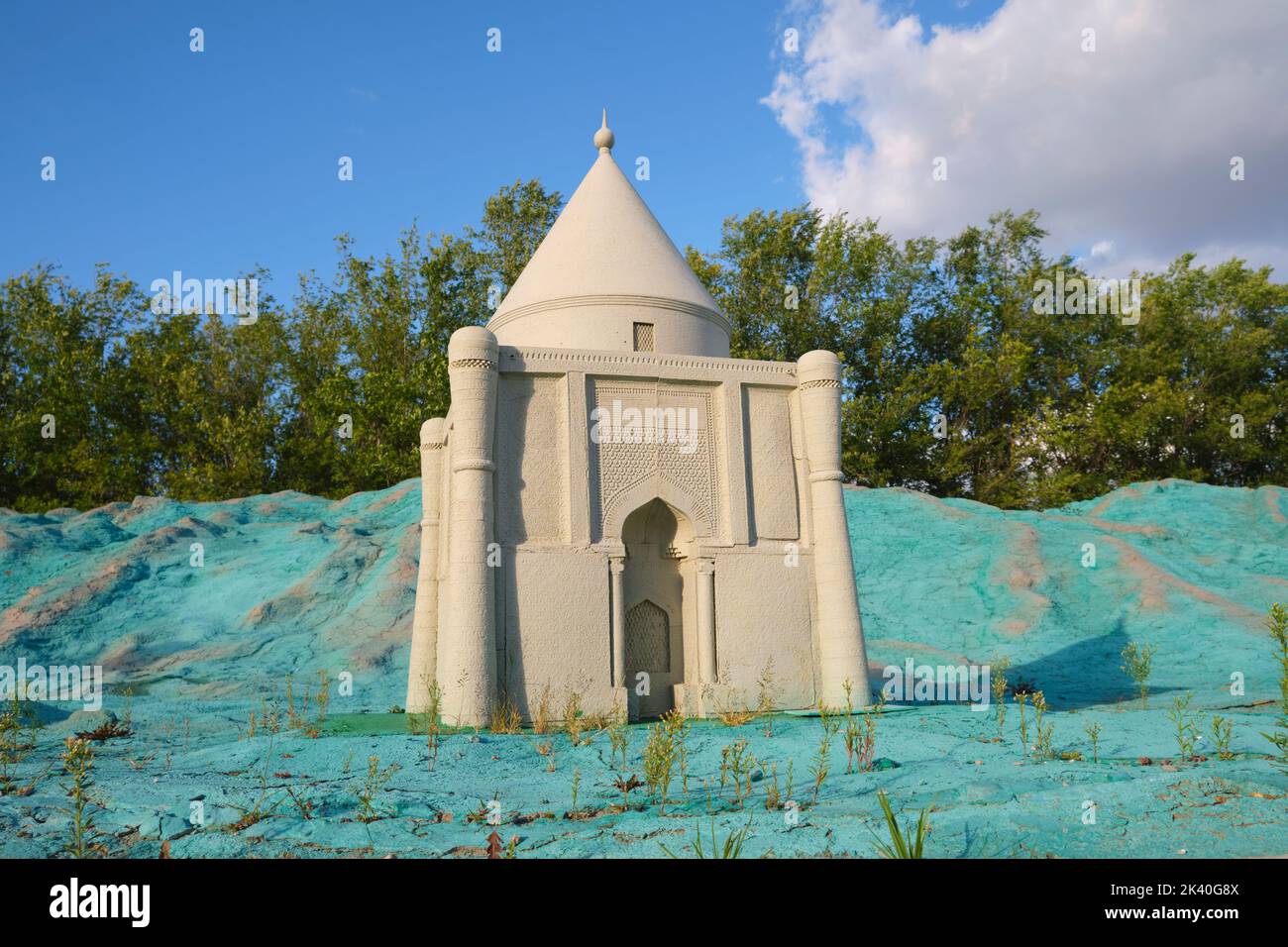 A model of the ancient Silk Road holy mosque, Aisha Bibi. At Atameken ...