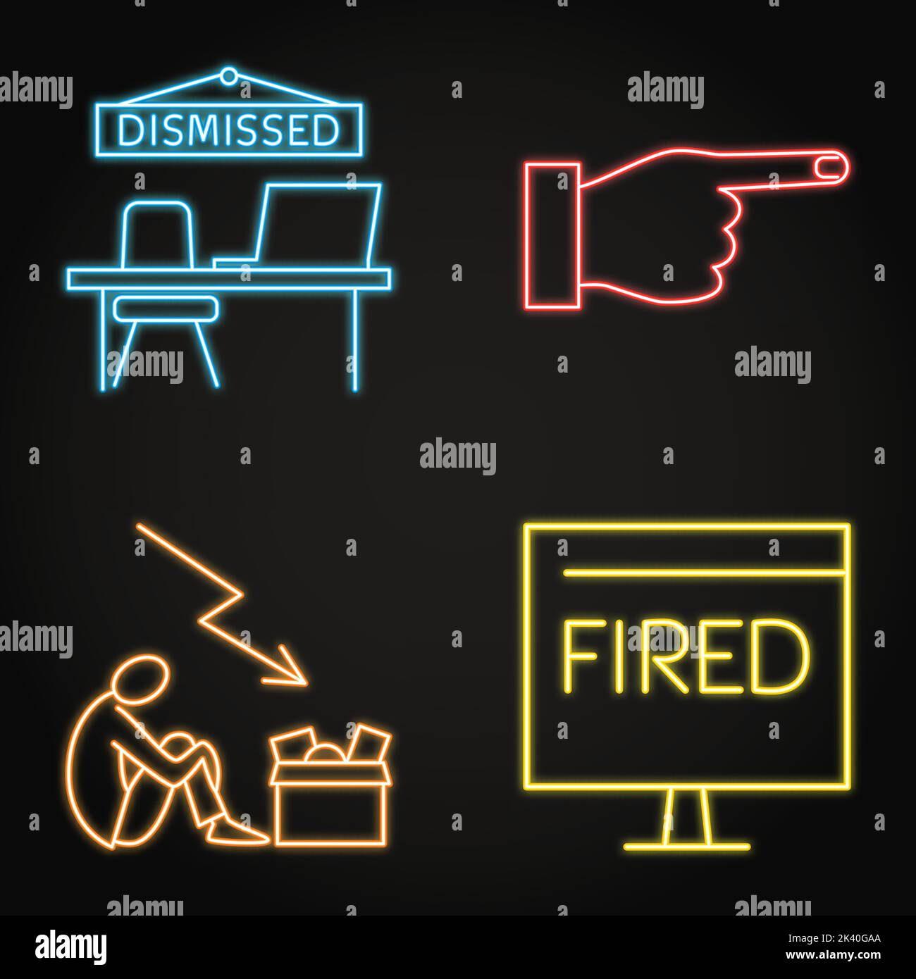 Employee dismissal neon icon set in line style. Unemployment, job loss ...
