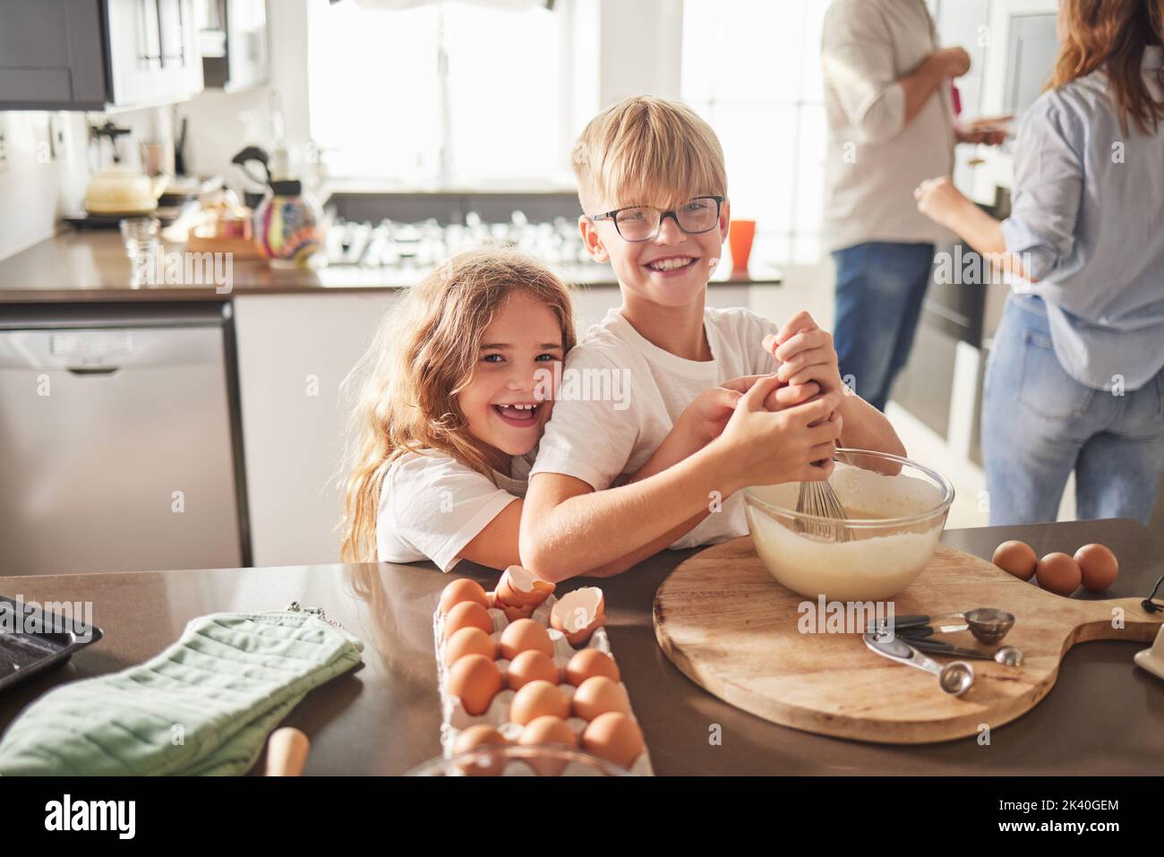 Children cooking breakfast in a kitchen kitchen with a smile for ...