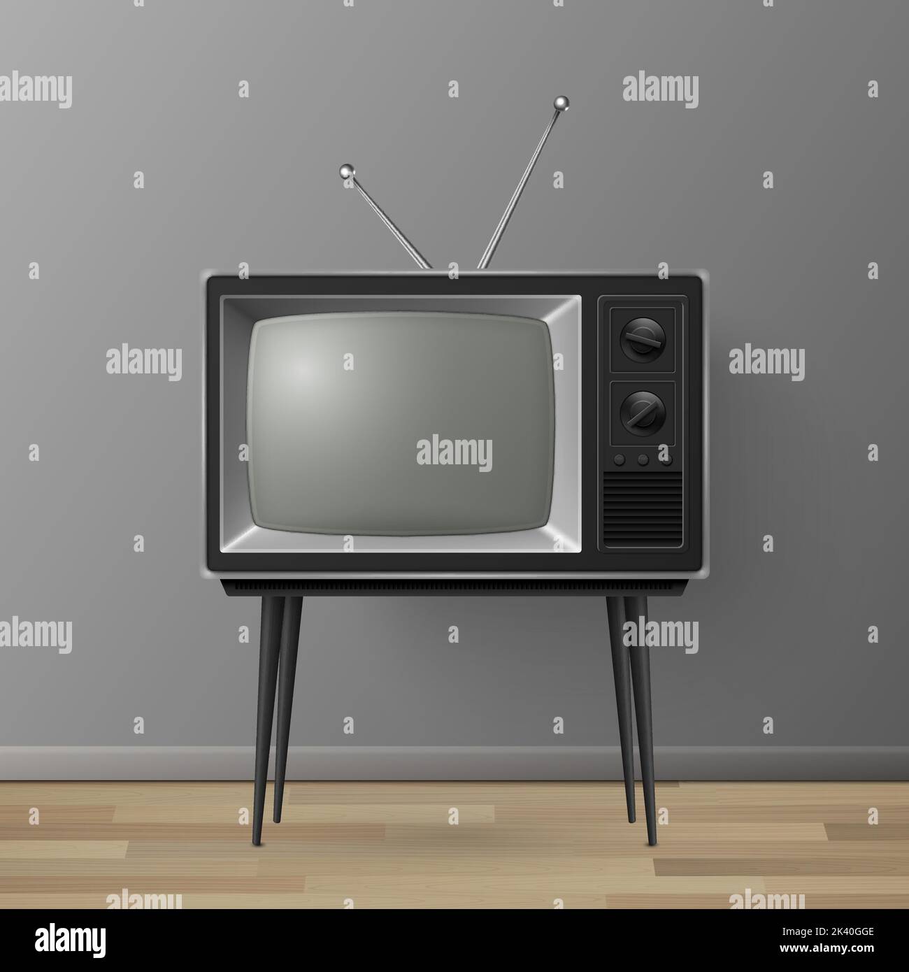 Vector 3d Realistic Retro TV Receiver on a Wooden Table Stand. Home ...