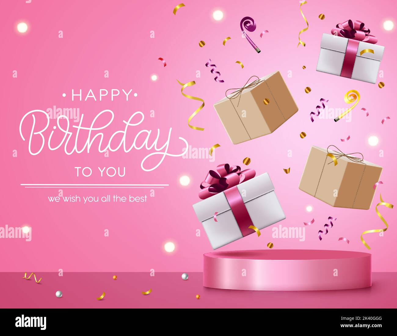 Happy birthday gifts vector design. Happy birthday text in pink ...