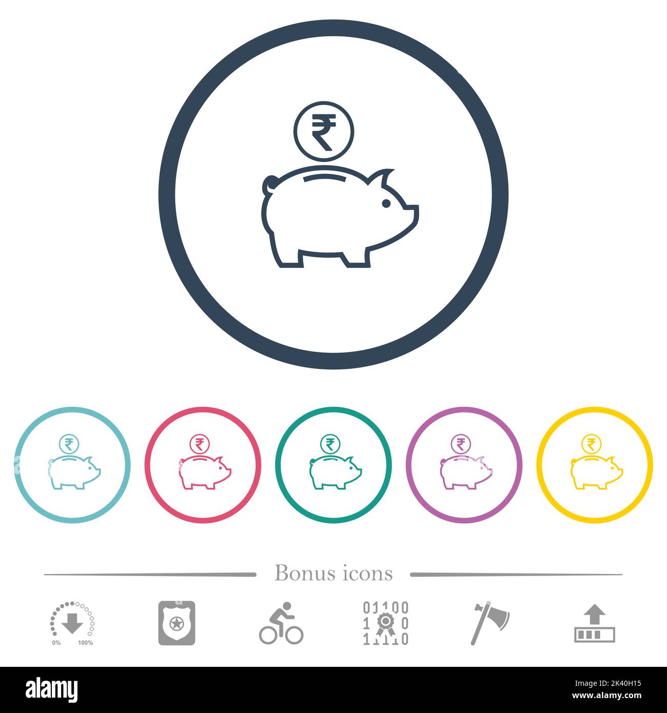 Indian Rupee piggy bank flat color icons in round outlines. 6 bonus ...
