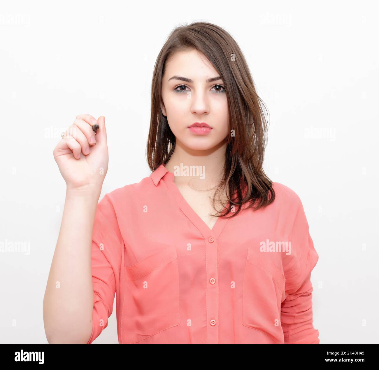 Woman writing or drawing something on screen or transparent glass Stock ...