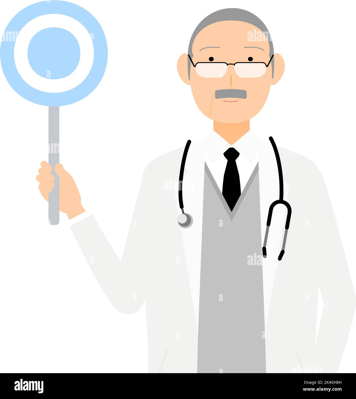Senior male doctor in white coat holding circle stick, answer pose ...