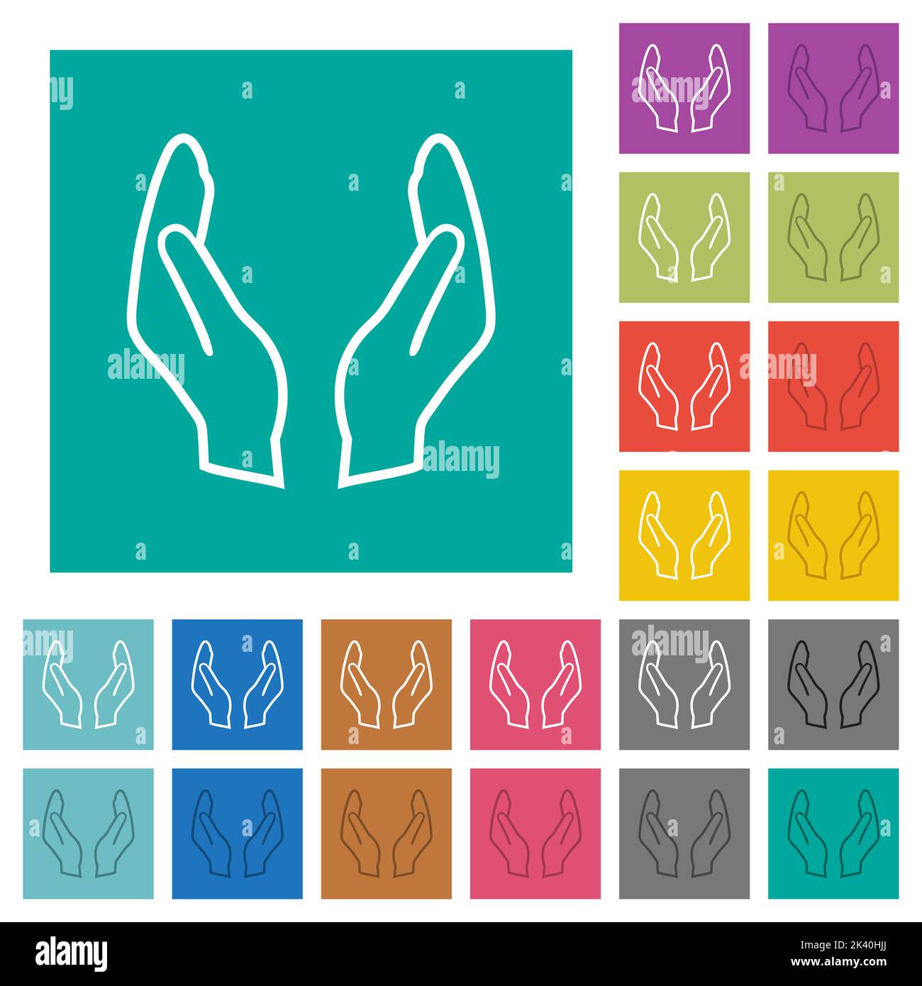 Empty protecting hands outline multi colored flat icons on plain square ...