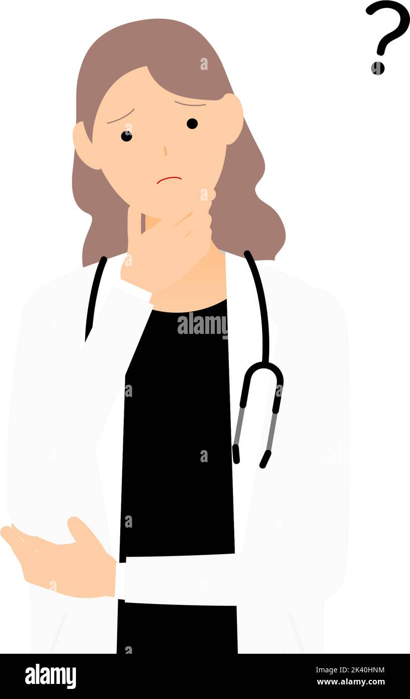 Pose of female doctor in white coat with crossed arms and questioning ...