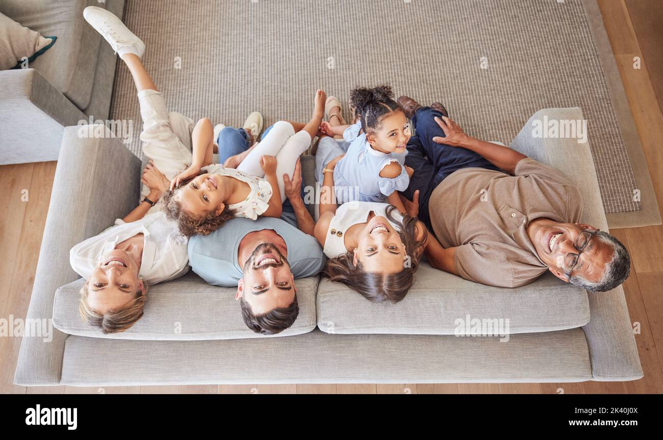 Family, children and love with kids from above next to grandparents and ...