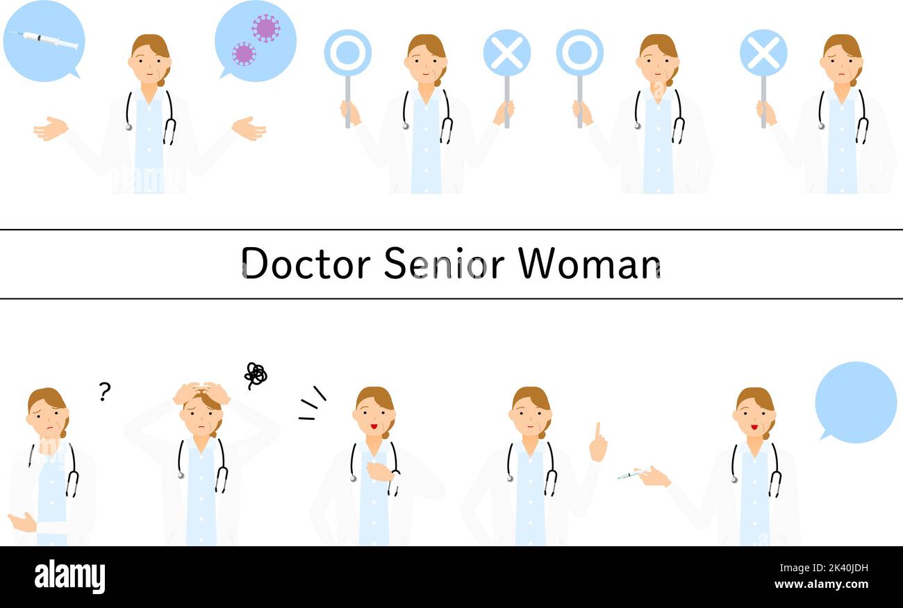 Senior female doctor in white coat pose set, questioning, puzzling ...