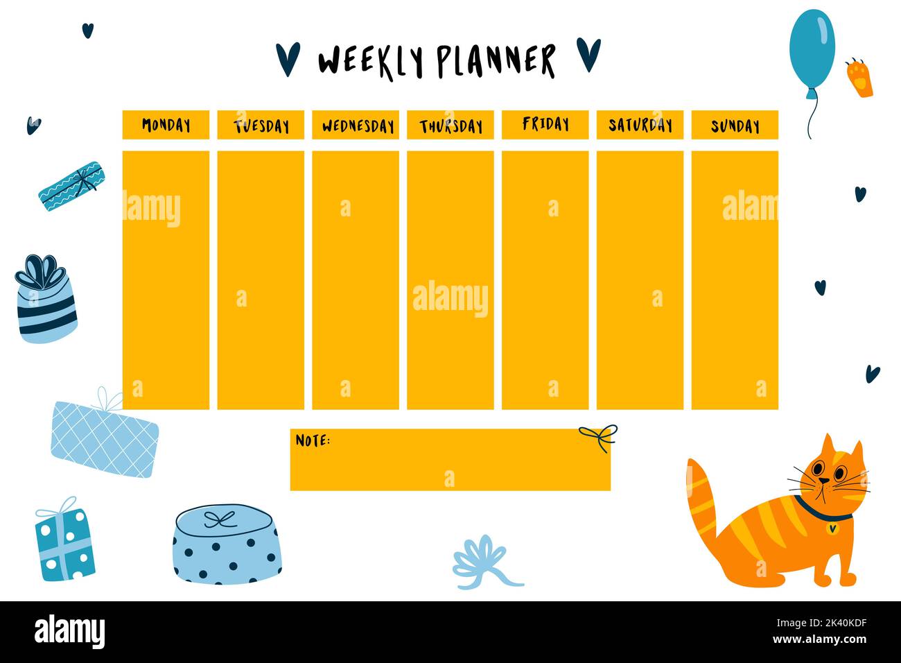 Weekly planner for kids with cat and box gifts in cartoon childish ...