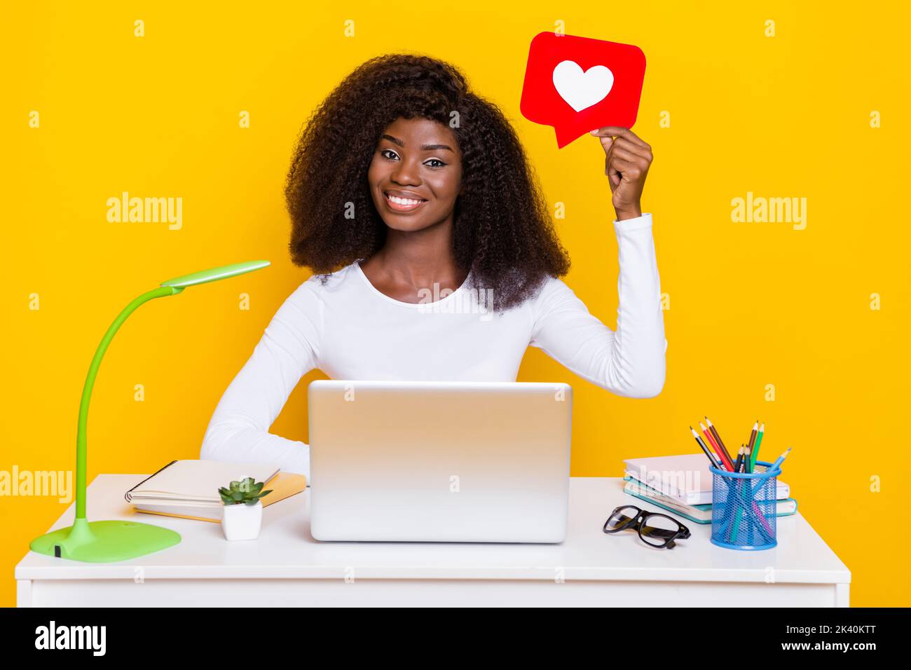 Photo of attractive wavy hairdo lady hold paper like card use netbook ...