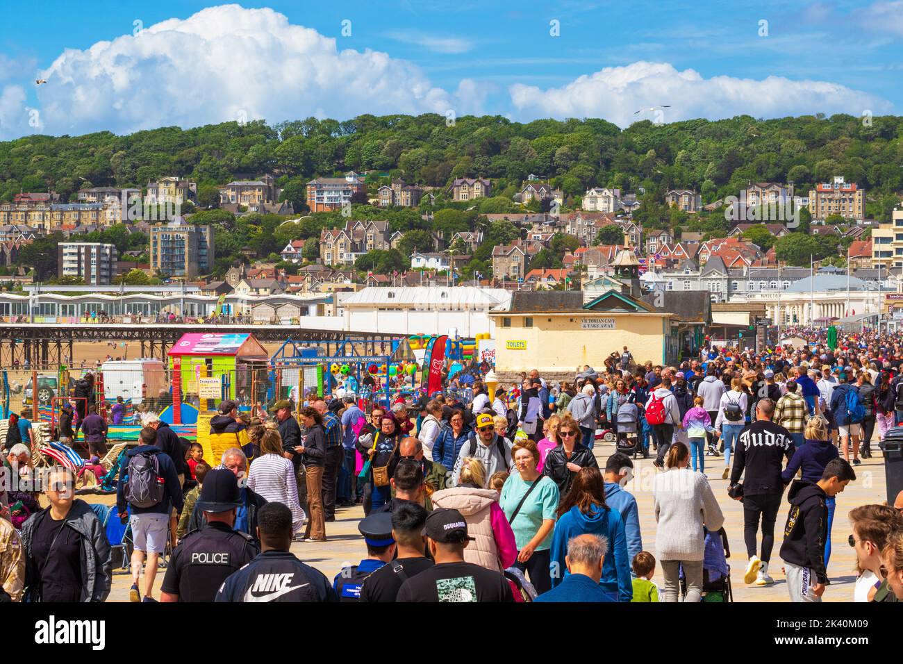 View of crowded Seafront Promenade at Weston-super-Mare beachhead ...