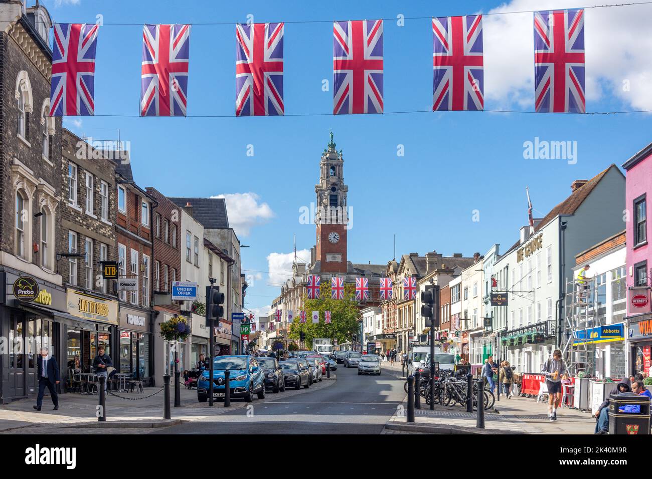 Flags union jacks cars traffic shops shopping clock tower colche hi-res stock photography and ...
