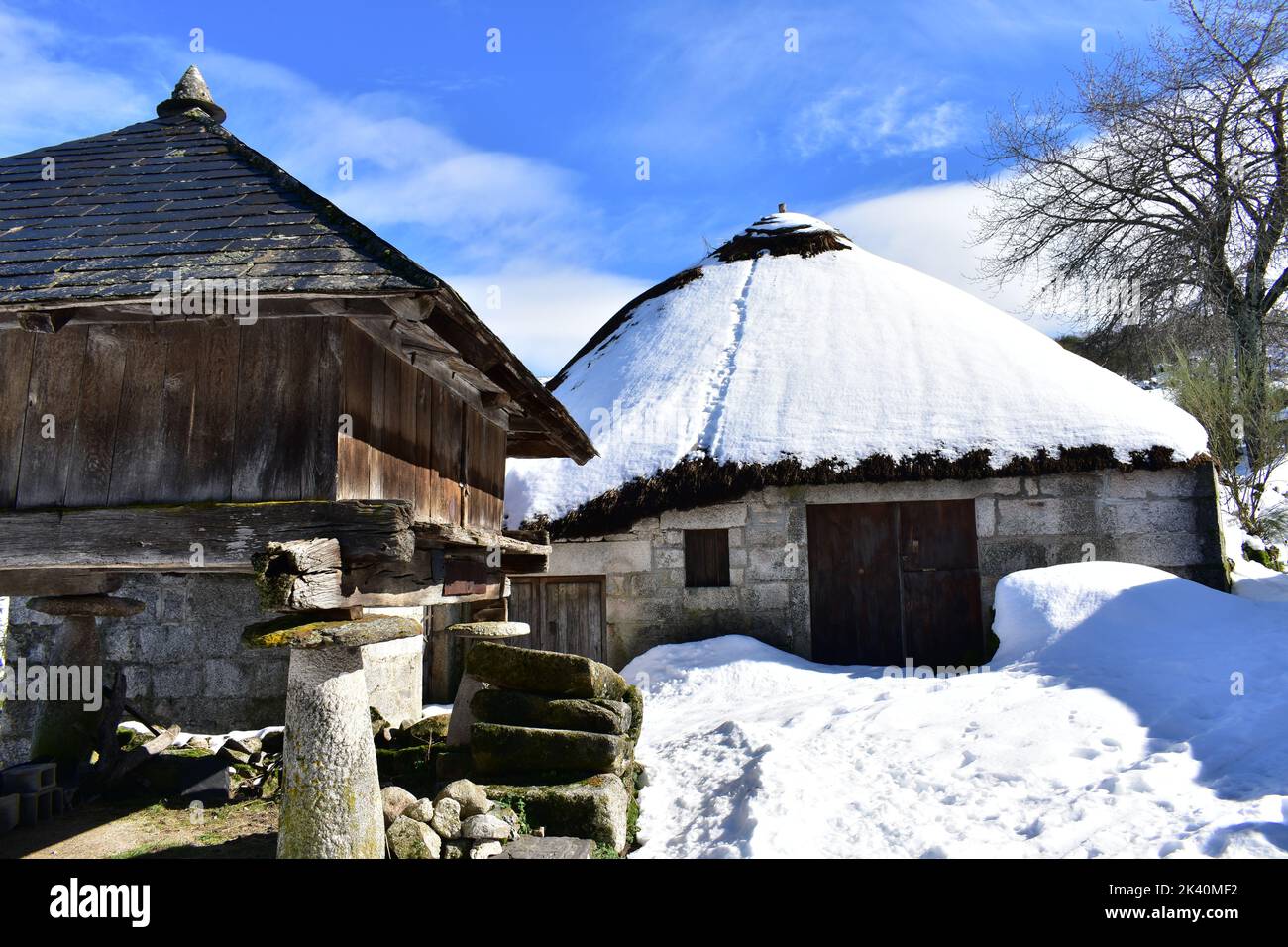 Ancient snowy palloza round house made with stone and straw. Piornedo ...